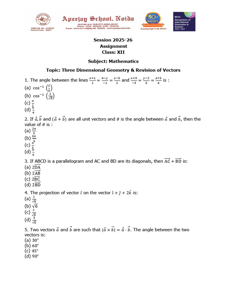3D Geometry & Vectors Assignment XII | PDF | Euclidean Vector ...