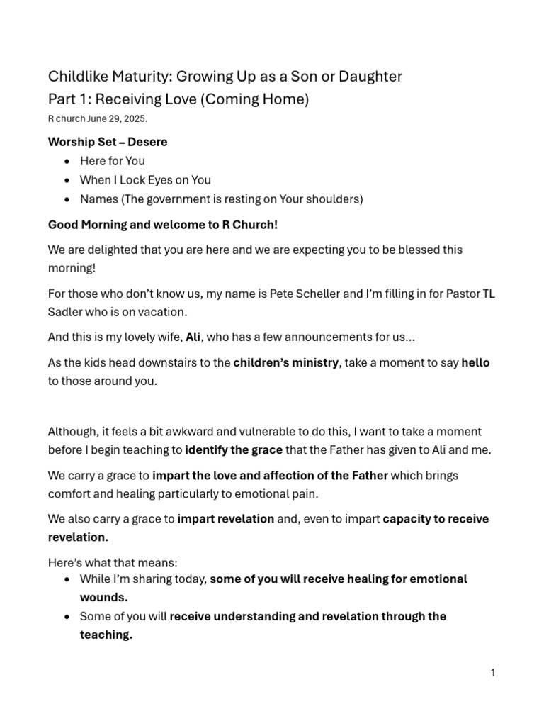 Childlike Maturity 1 Receiving Love (Come) - R Church 2025 IPV | PDF ...