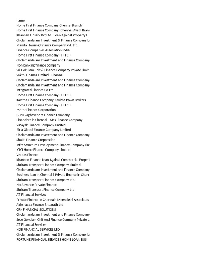 Chennai Finance Companies Overview | PDF | Tamil Nadu