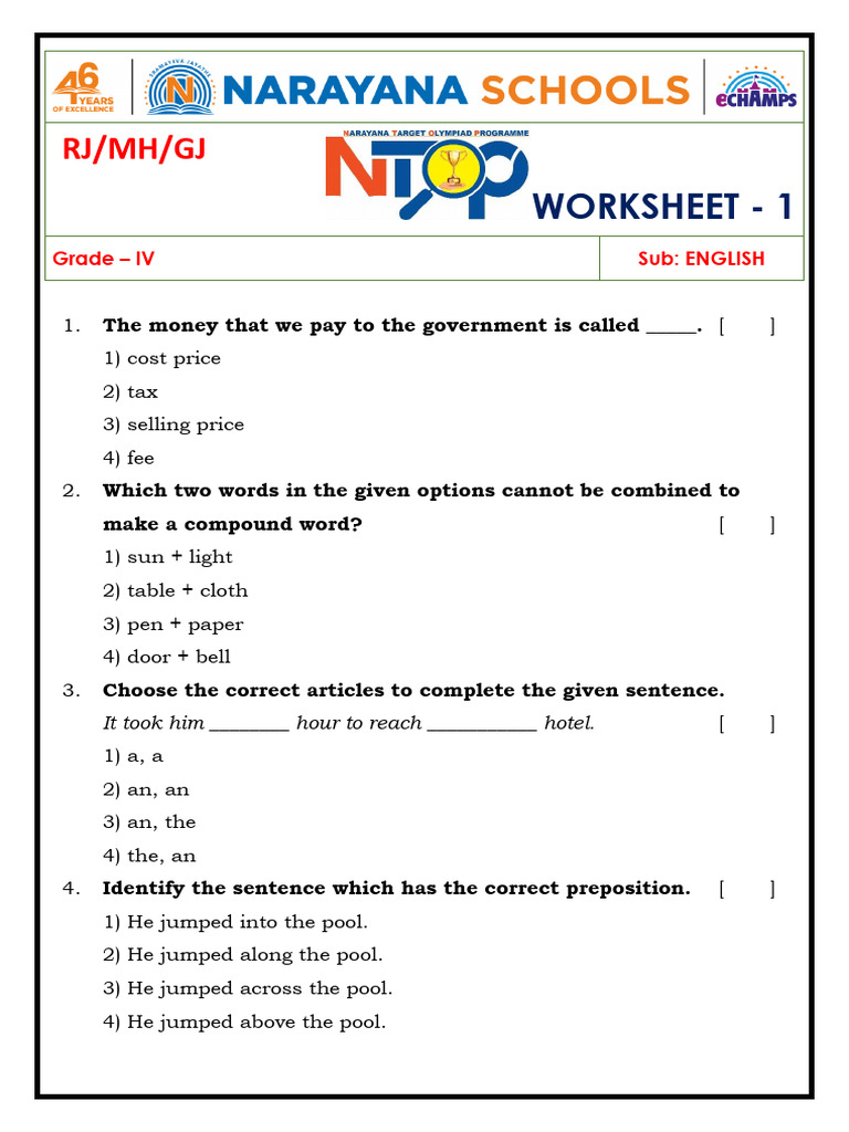 Grade IV English Grammar Worksheet | PDF