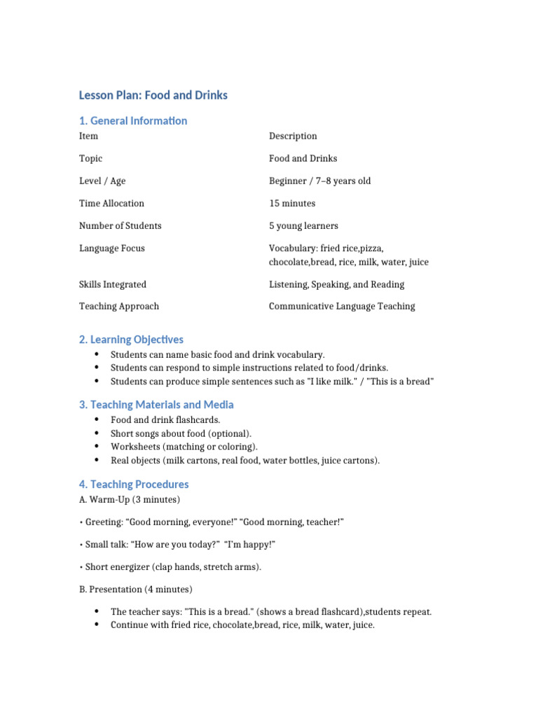 Lesson - Plan - Food and Drinks 2025 | PDF | Language Education ...