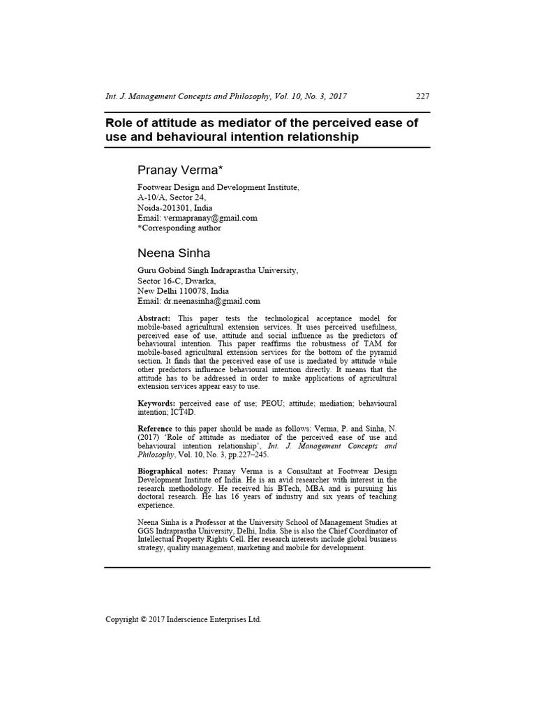 Role of Attitude As Mediator of The Perceived Ease of Use and ...