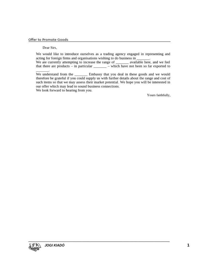 Offer To Promote Goods: Dear Sirs | PDF