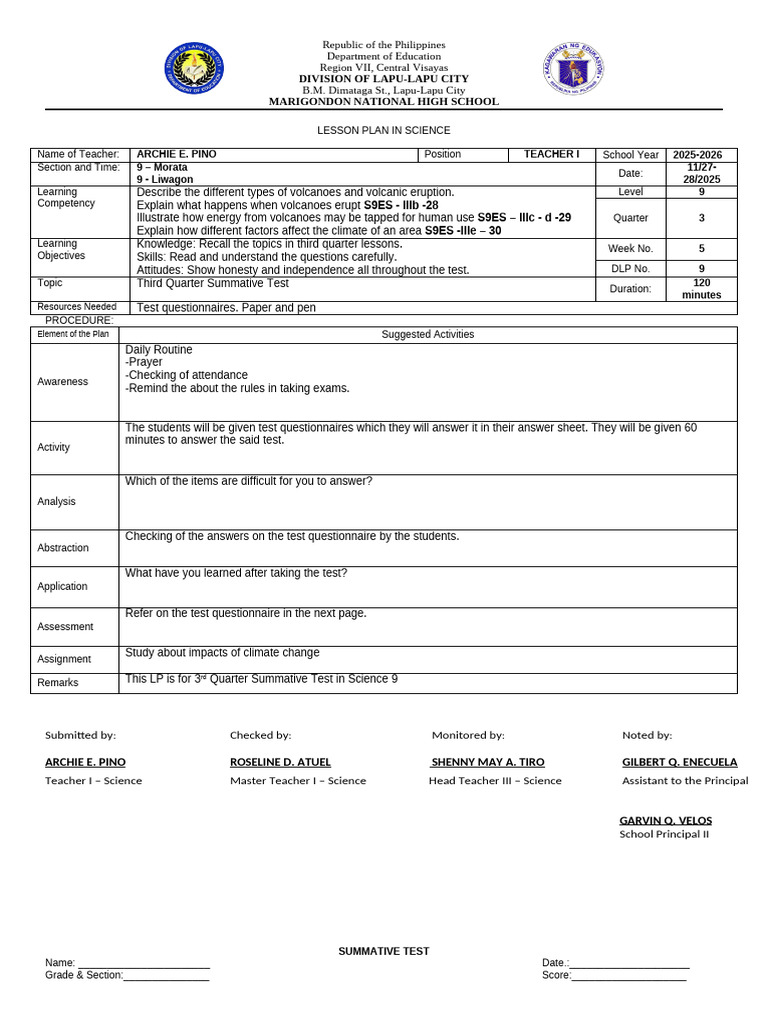 Science 9 Summative Test on Volcanoes | PDF | Volcano | Lava