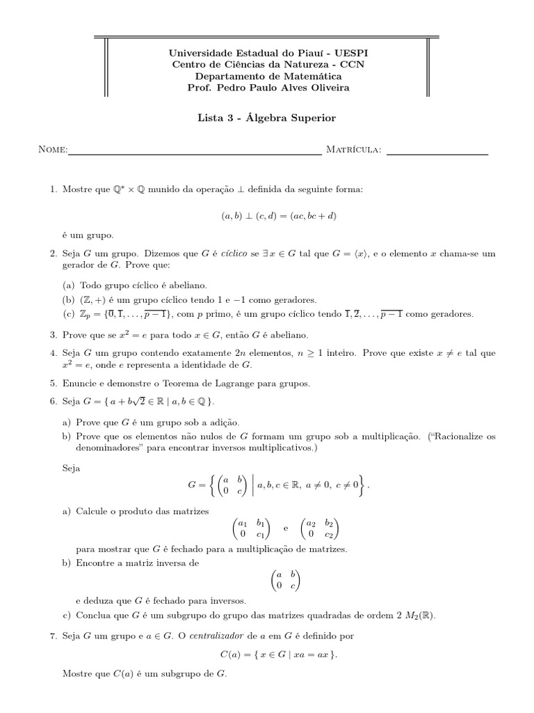 Exercícios de Álgebra Superior - UESPI | PDF | Grupo (Matemática ...