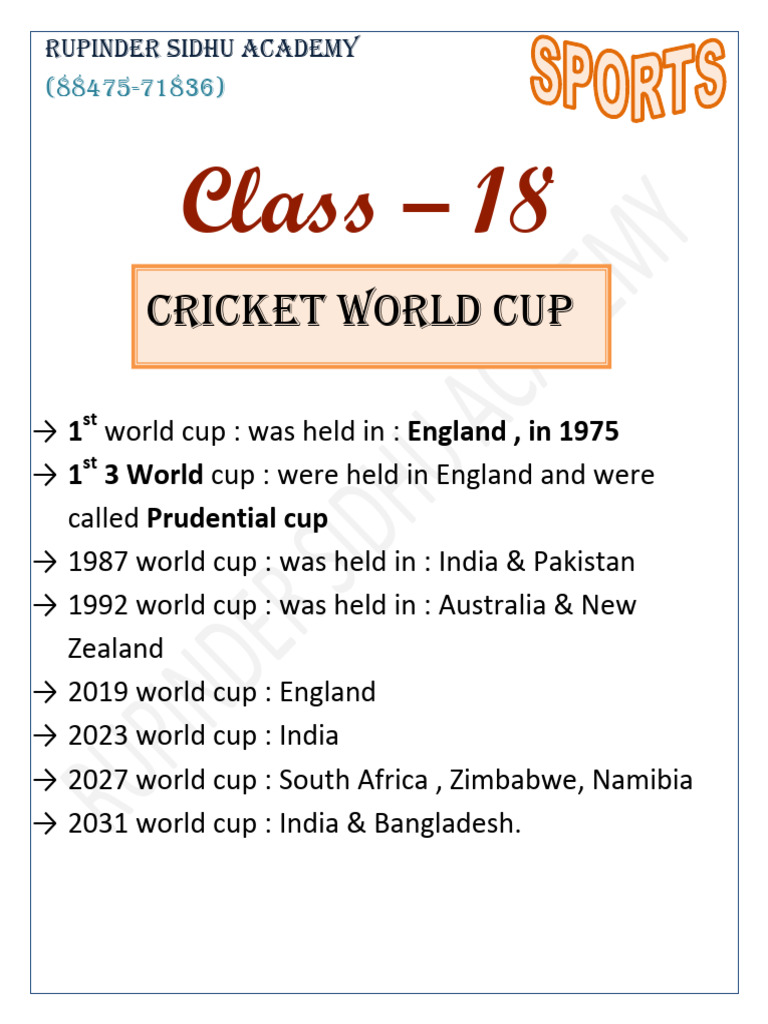 Class - 18: Cricket World Cup | PDF | England Cricket Team | Cricket