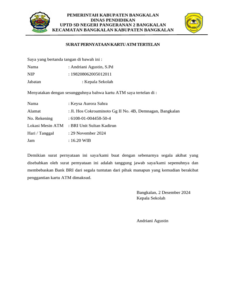 Surat Pernyataan Kartu Atm Tertelan | PDF