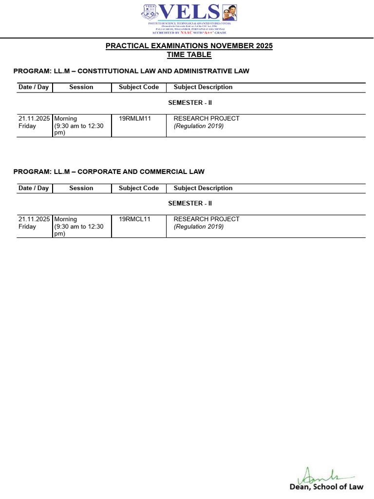 Practical Exam LLM 1st Year Timetable | PDF
