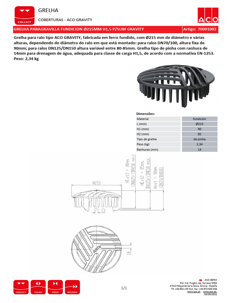 Grelha ACO Gravity Ø215mm H1,5 para Ralos | PDF