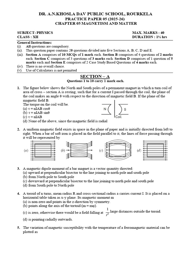 Xii Physics Practice Paper - 05 (2025-26) | PDF | Magnetic Field ...