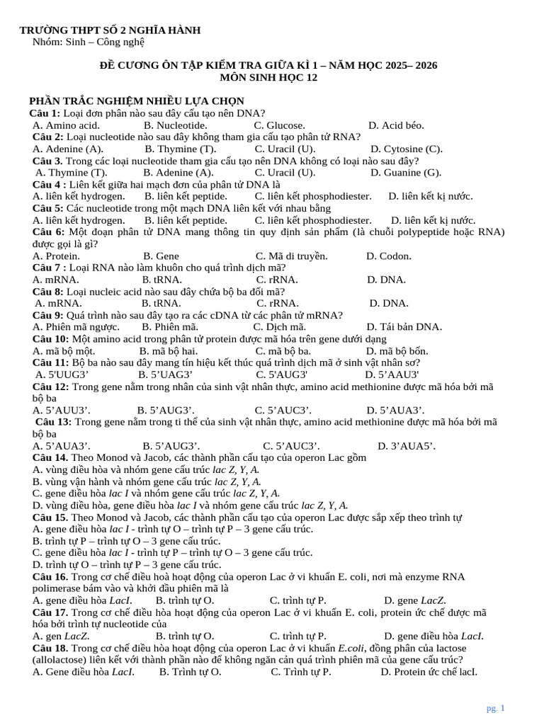 ĐỀ CƯƠNG ÔN TẬP - KIỂM TRA GIỮA KÌ 1 - SINH HỌC 12 - HỌC SINH (1) | PDF