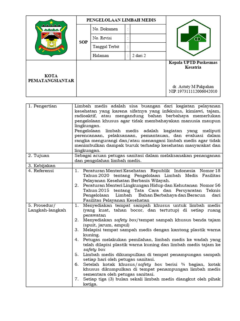 Draft Sop Limbah Medis | PDF