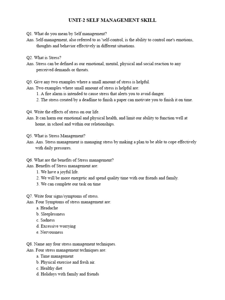 Unit-2 Self Management Skill | PDF | Stress (Biology) | Stress Management
