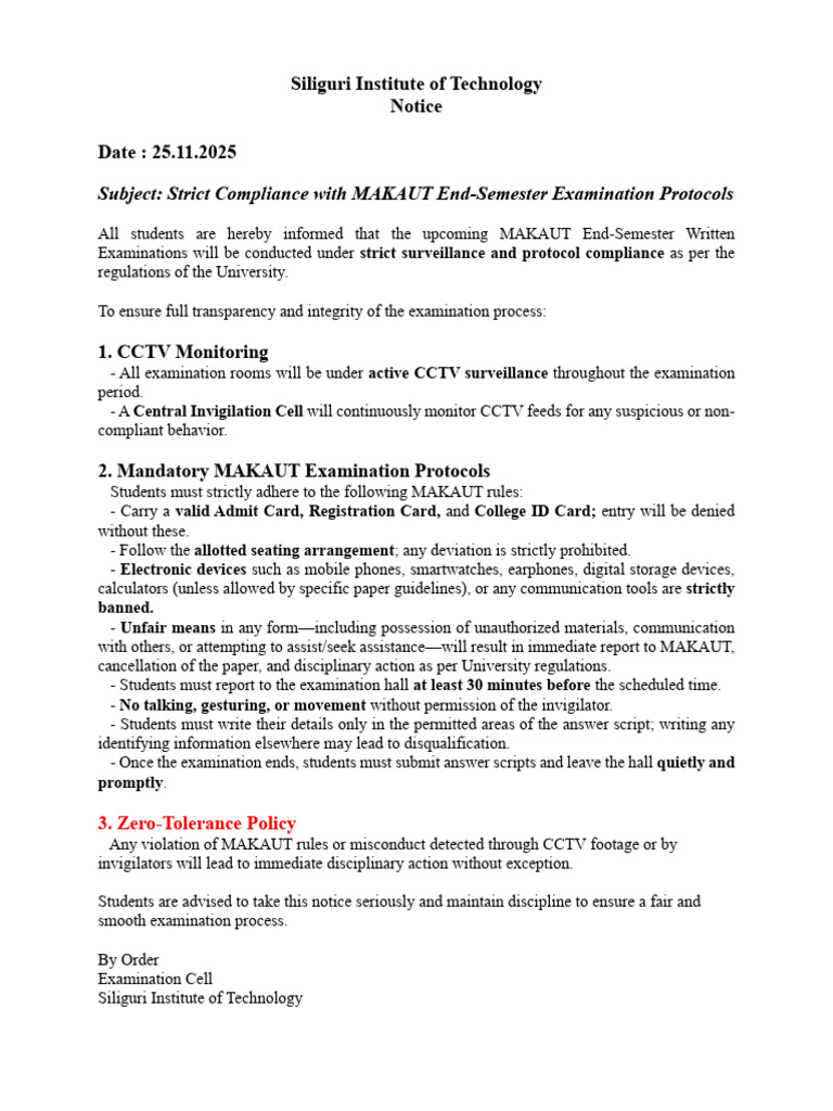 Strict Compliance With MAKAUT End-Semester Examination Protocols | PDF