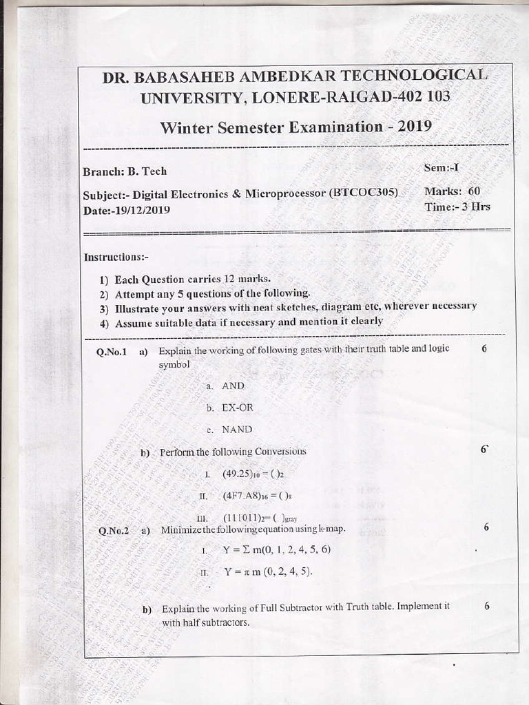 Digital Electronics & Microprocessor(BTCOC305) Dec- 2019 (1) | PDF