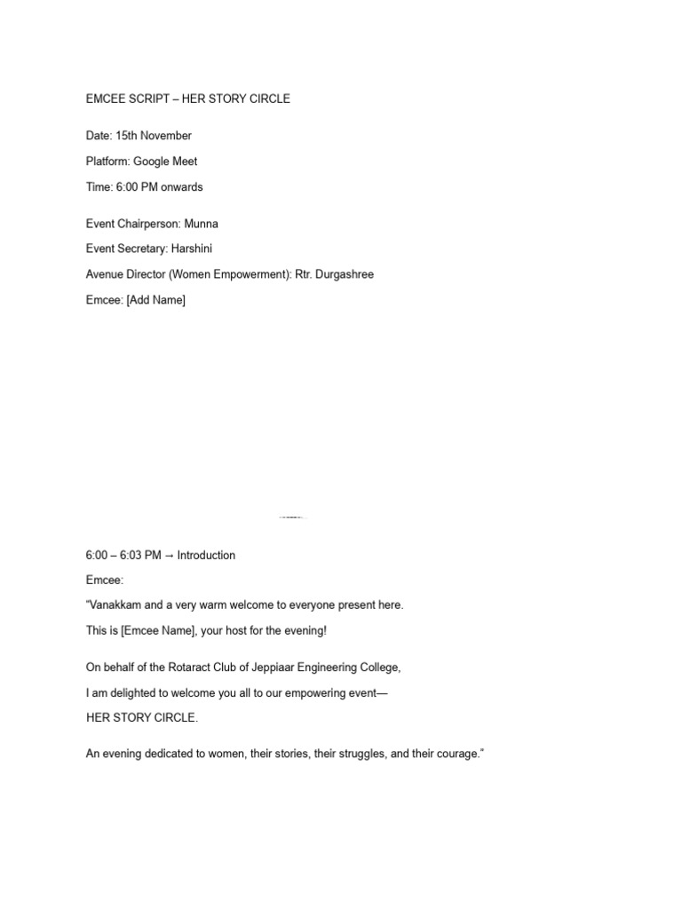 Emcee Script for Her Story Circle Event | PDF