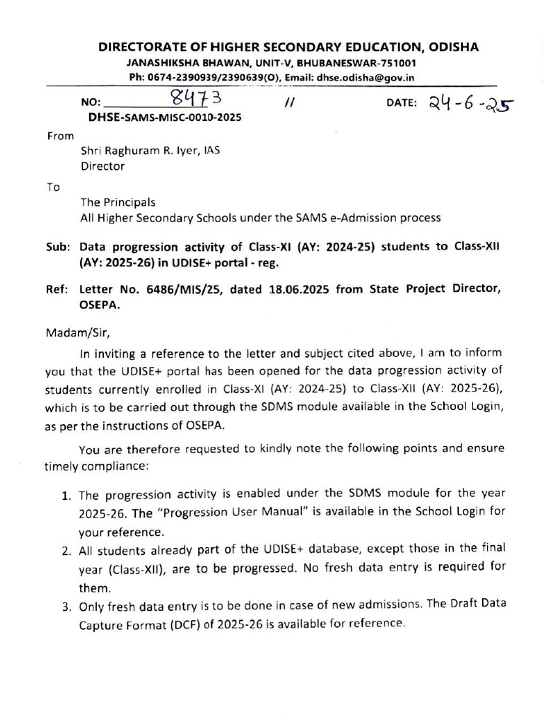 8473 - Data Progression Activity of Class-XI (AY 2024-25) Students To ...