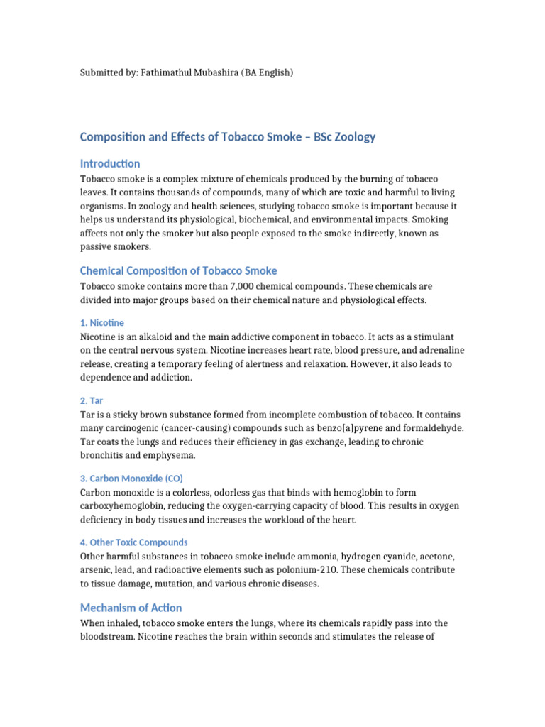 Composition and Effects of Tobacco Smoke Submitted by Fathimathul ...