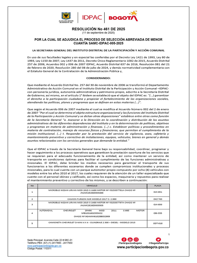 Resolucion 461 de 2025 Adjudicacion Samc Idpac 005 2025 | PDF | Presupuesto