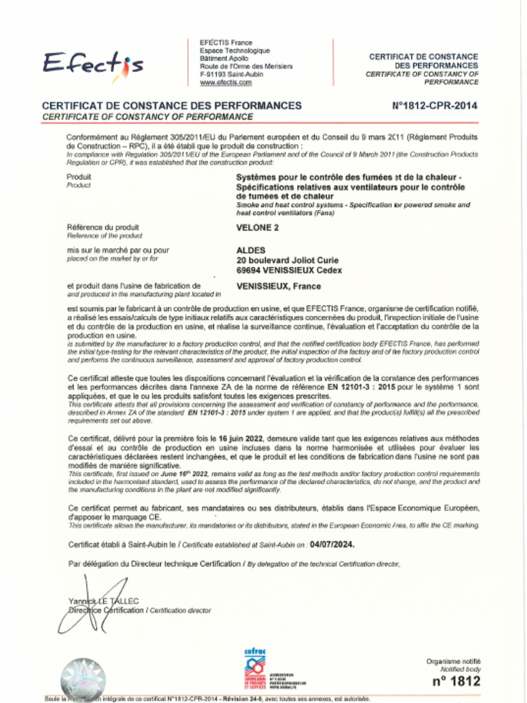 Velone Certificat de Constance de Performance Ce CPR PV Feu | PDF