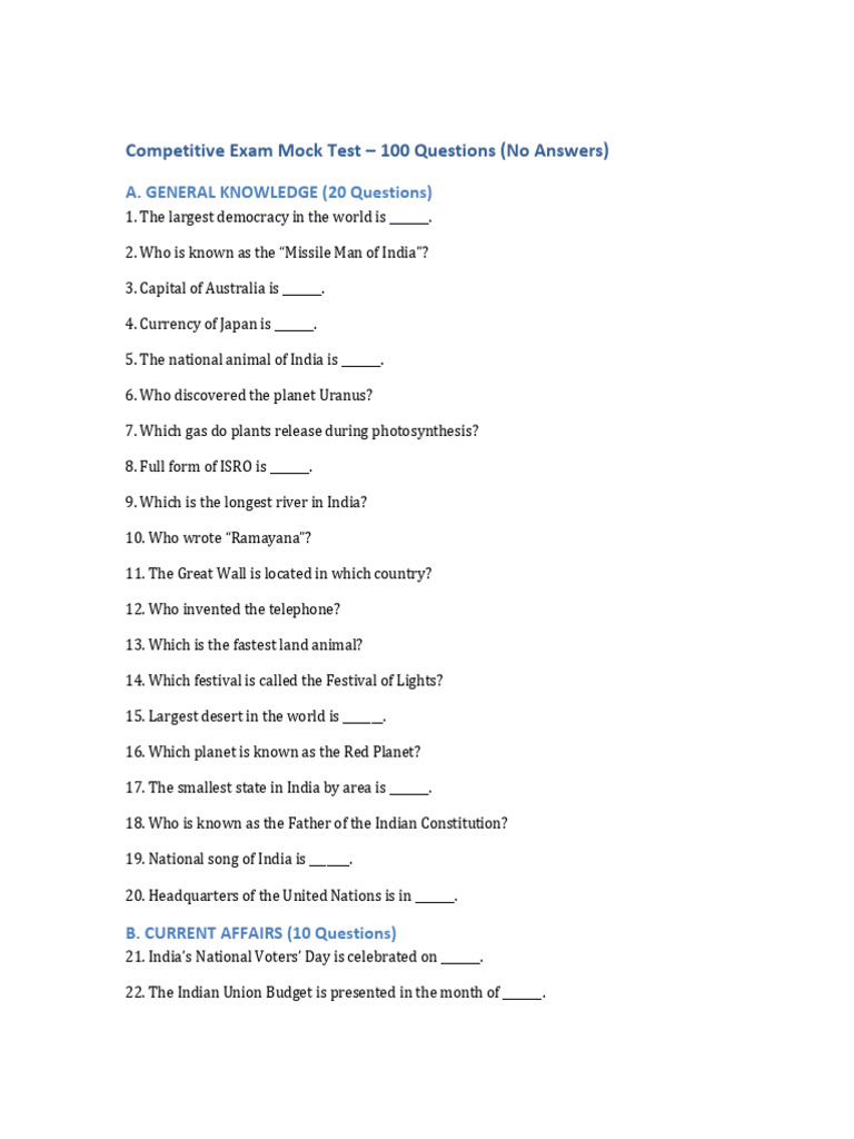 Competitive Exam Mock Test: 100 Questions | PDF