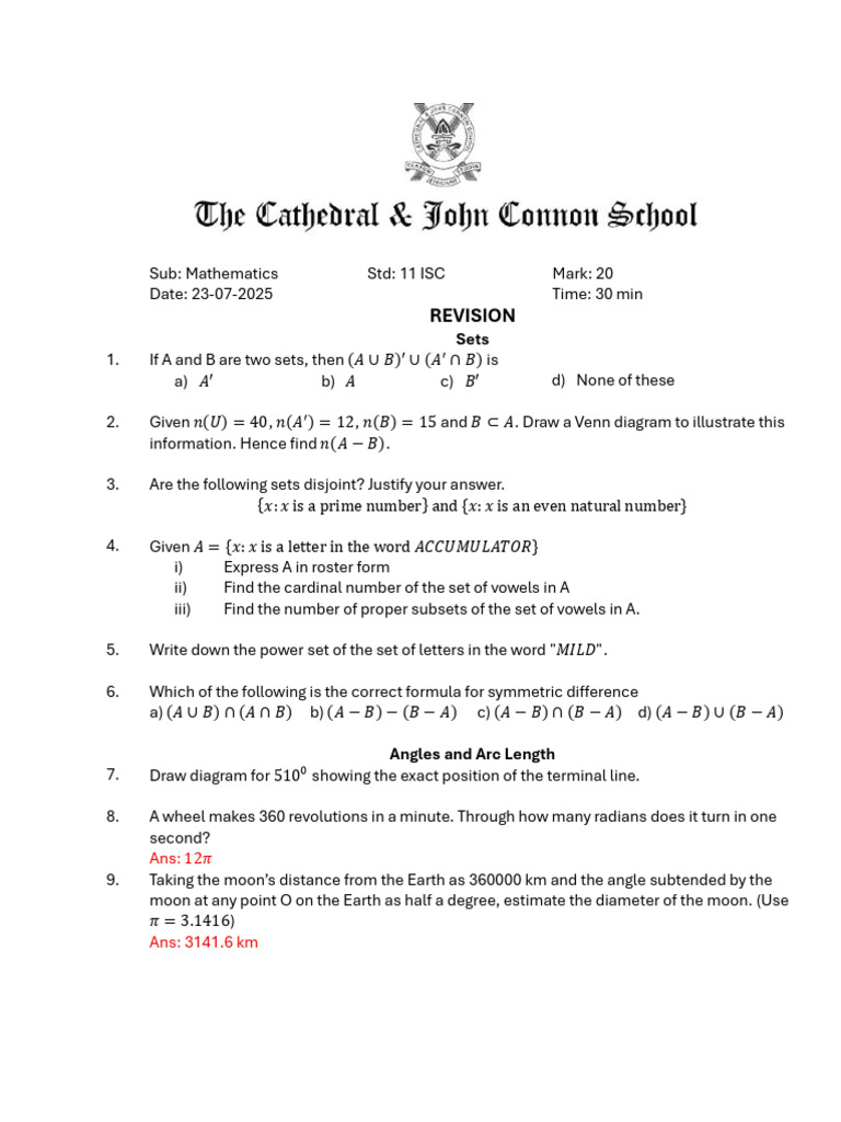 ISC Class 11 Mathematics Revision Guide | PDF | Minute And Second Of ...