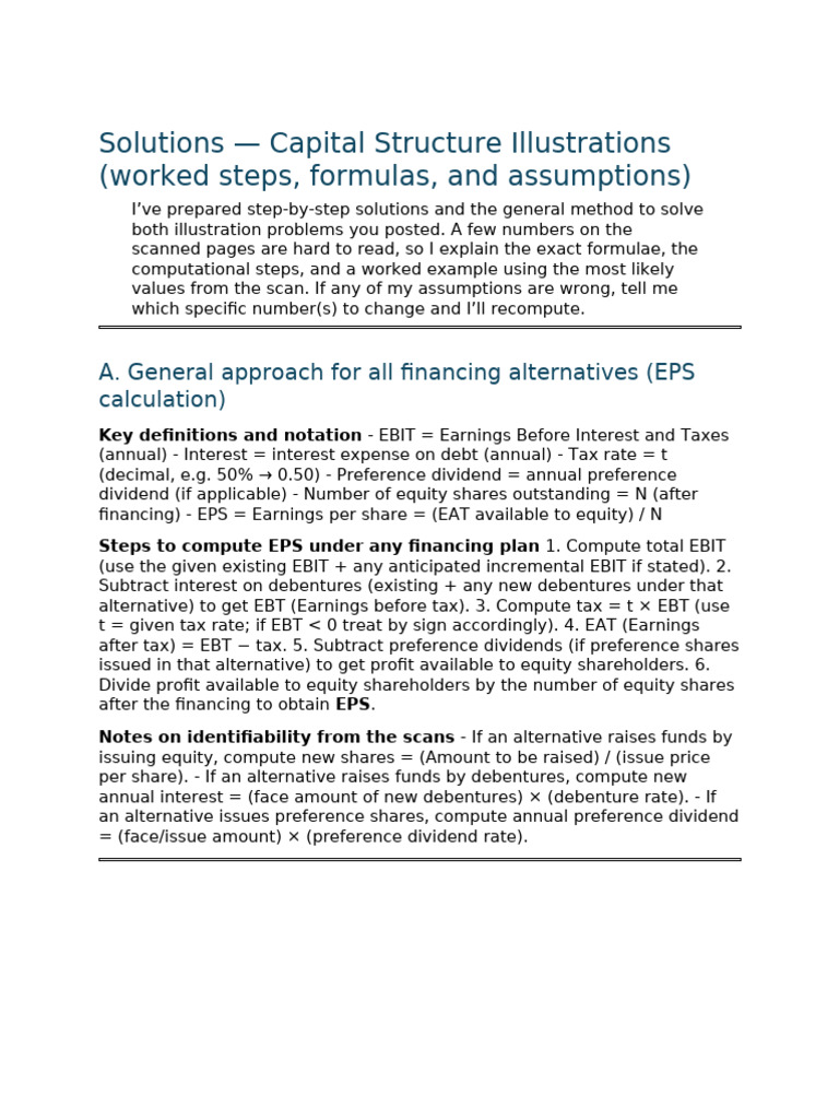 Solved - Capital Structure Illustrations (Worked Steps & Assumptions ...