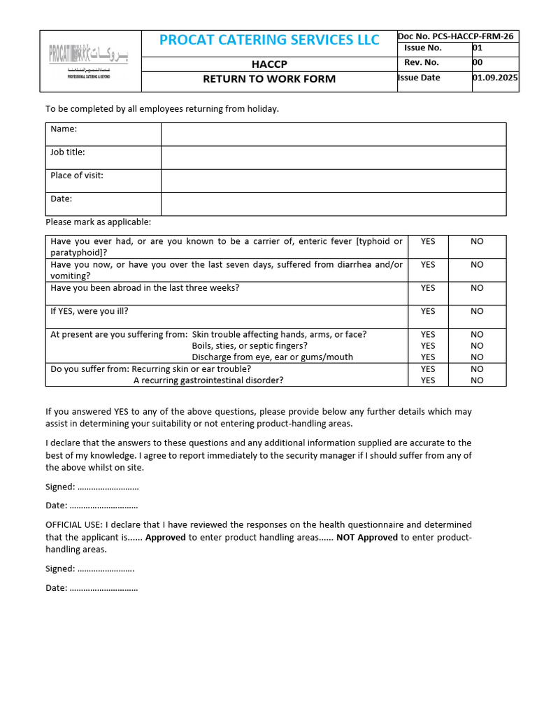 PCS-HACCP-FRM-26 Return To Work Form | PDF