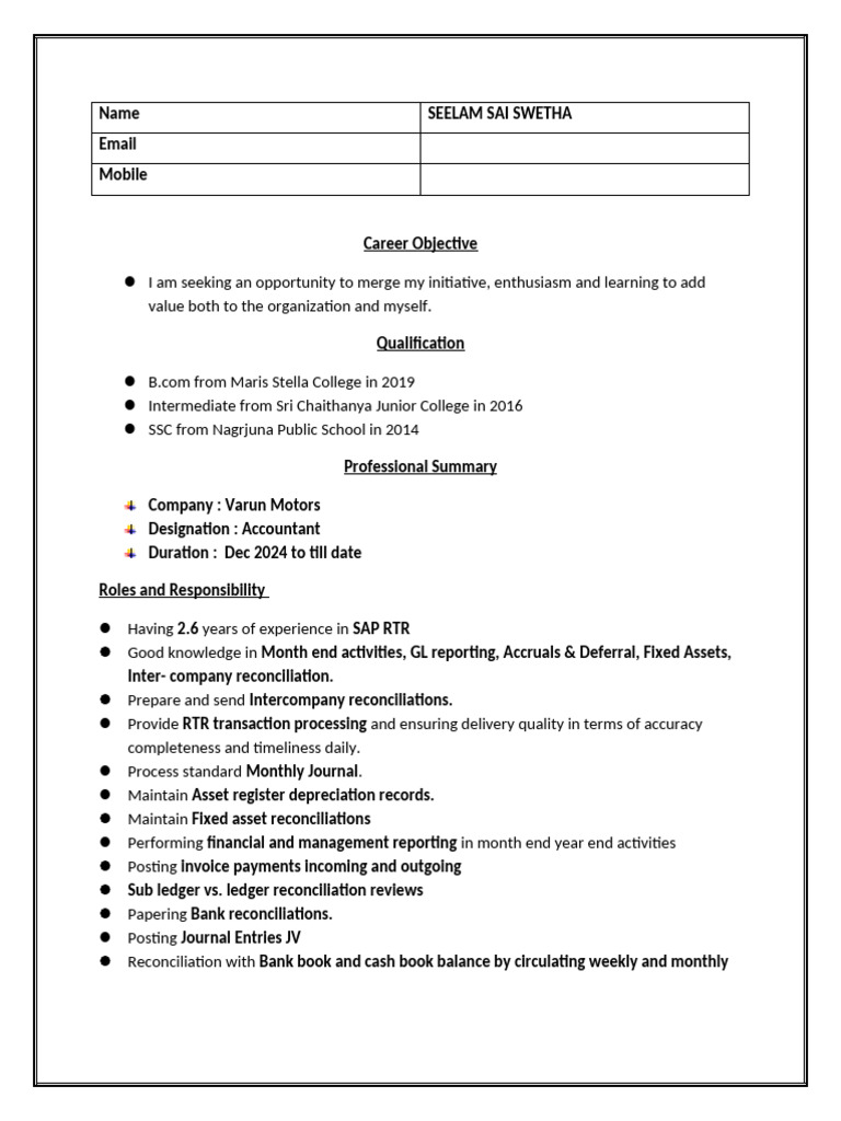 Sai Swetha - Sap RTR Resume | PDF | Banks | Financial Accounting