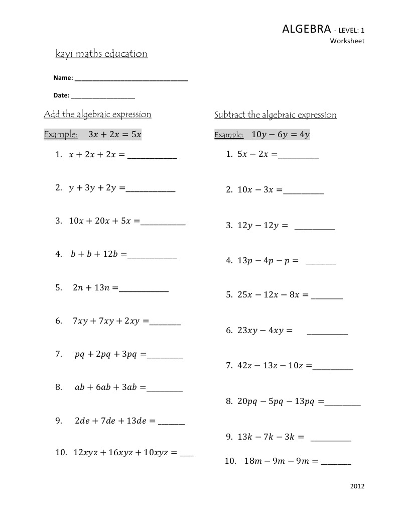 Algebra Level 1 Worksheet 2012 | PDF | Career & Growth | Teaching ...
