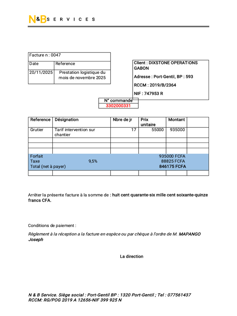 Facture N°0047 - Prestation Grutier Novembre 2025 | PDF