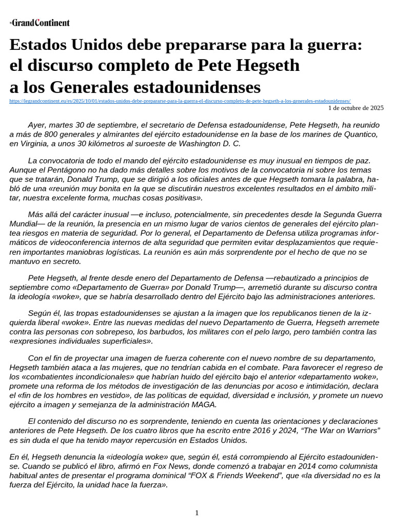 2025 - 10 OCT 01 - Discurso Completo de Pete Hegseth | PDF | Donald ...