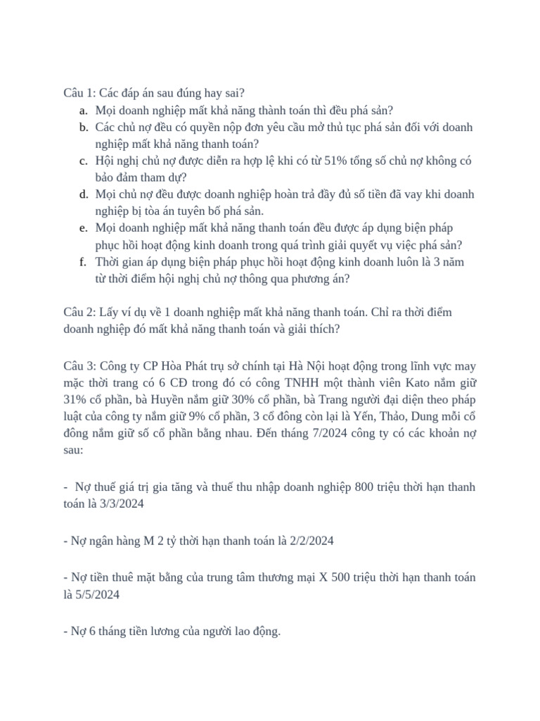 Đề Kiểm Tra Pl Phá Sản | PDF