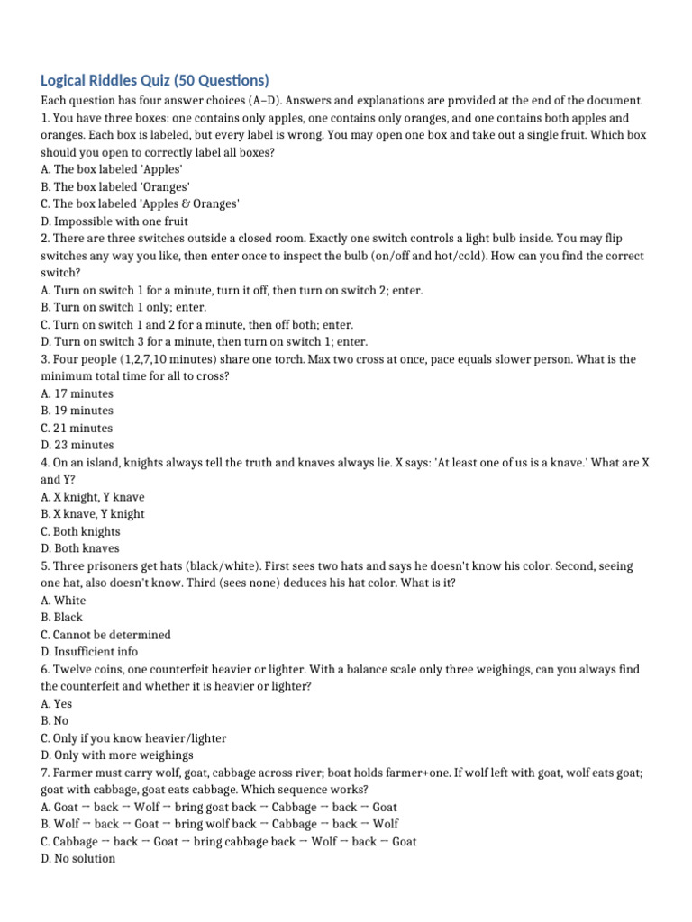 Logical Riddles Quiz 50 Full | PDF | Paradox | Mathematics