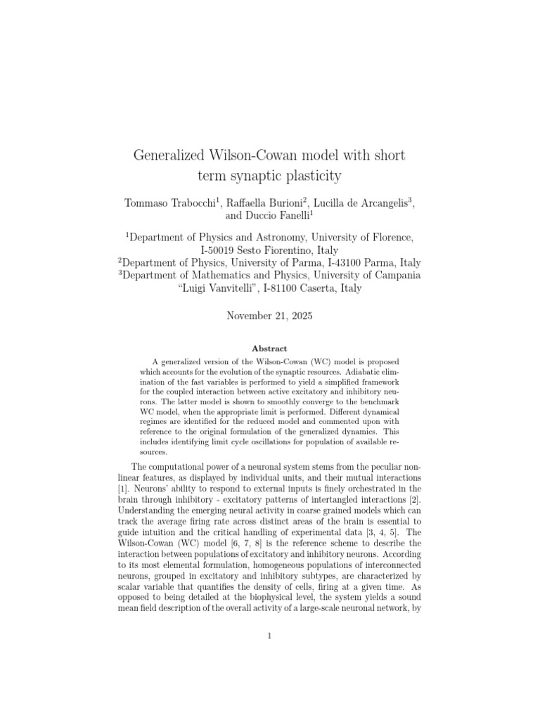 Generalized Wilson-Cowan Model With Short Term Synaptic Plasticity ...