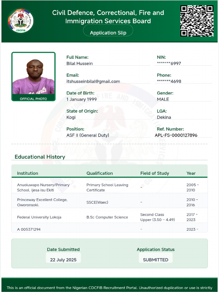 Bilal Ibrahim Hussein Application Slip | PDF