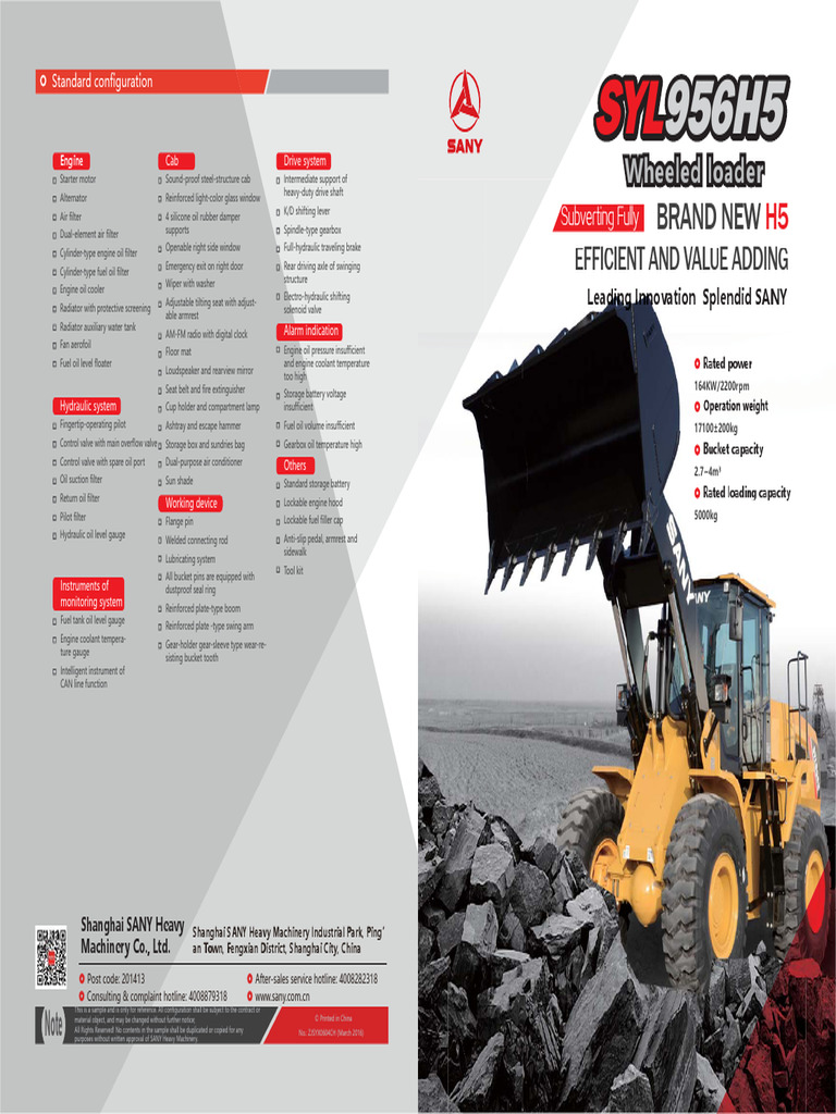 SANY SYL956H5 Wheeled Loader Overview | PDF | Engines | Pump