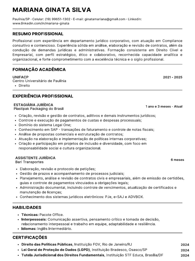 Currículo Mariana Ginata | PDF