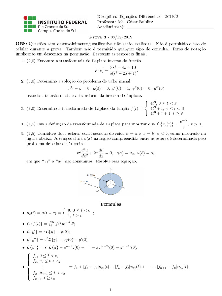 Prova_3_2019 | PDF | Transformada de Laplace | Matemática aplicada