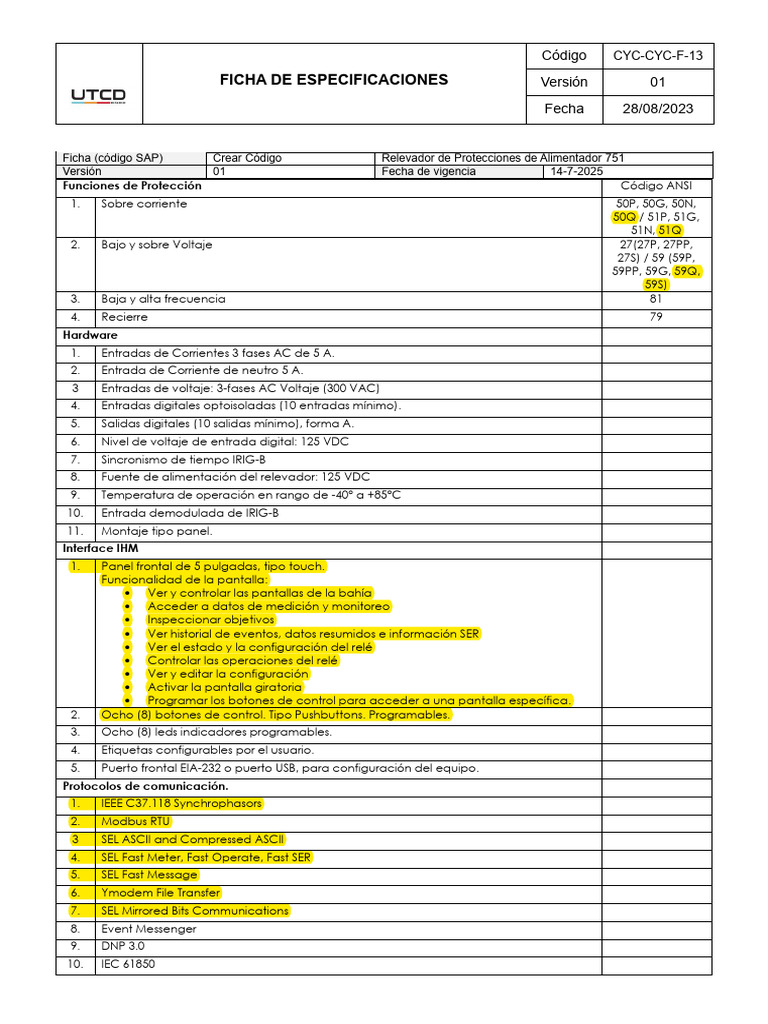 Especificaciones Relevador SEL 751 | PDF | Estándares informáticos ...