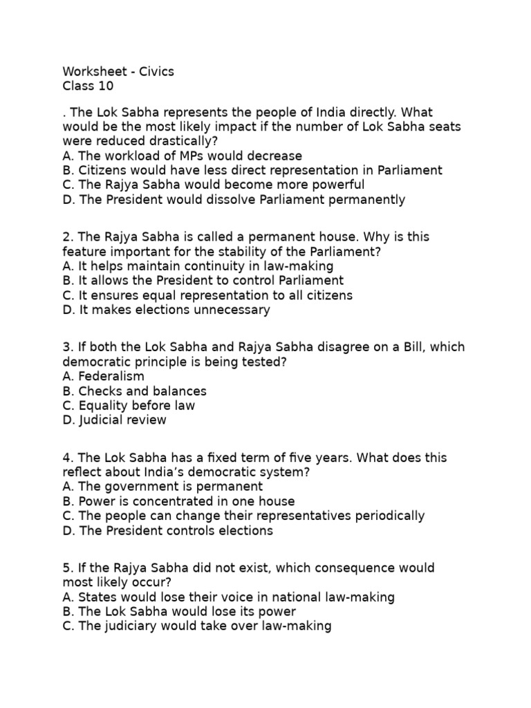 Worksheet - Civics | PDF | Parliament Of The United Kingdom | Democracy