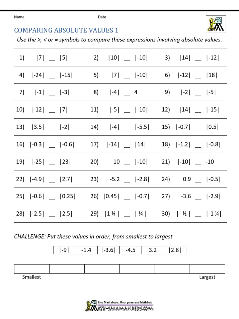 Comparing Absolute Values 1 Pdf