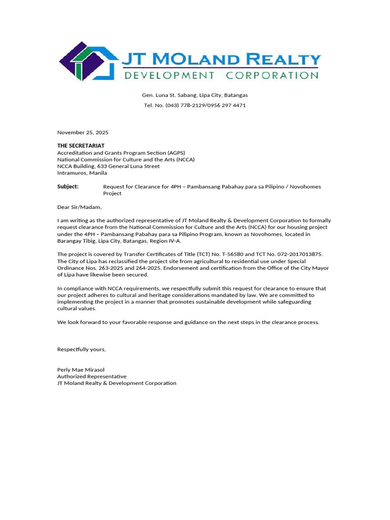 Request for NCCA Clearance for Novohomes | PDF