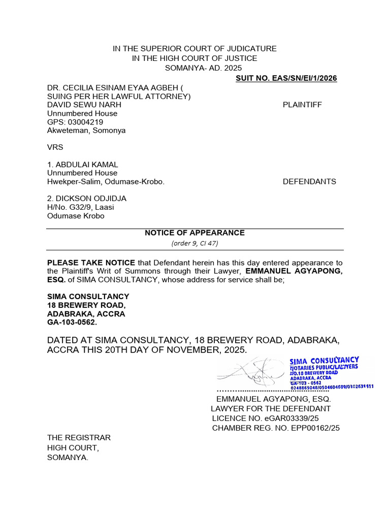 Dr. Cecilia Esinam V Dickson Odjidja - Notice of Appearance - 23.11.25 ...