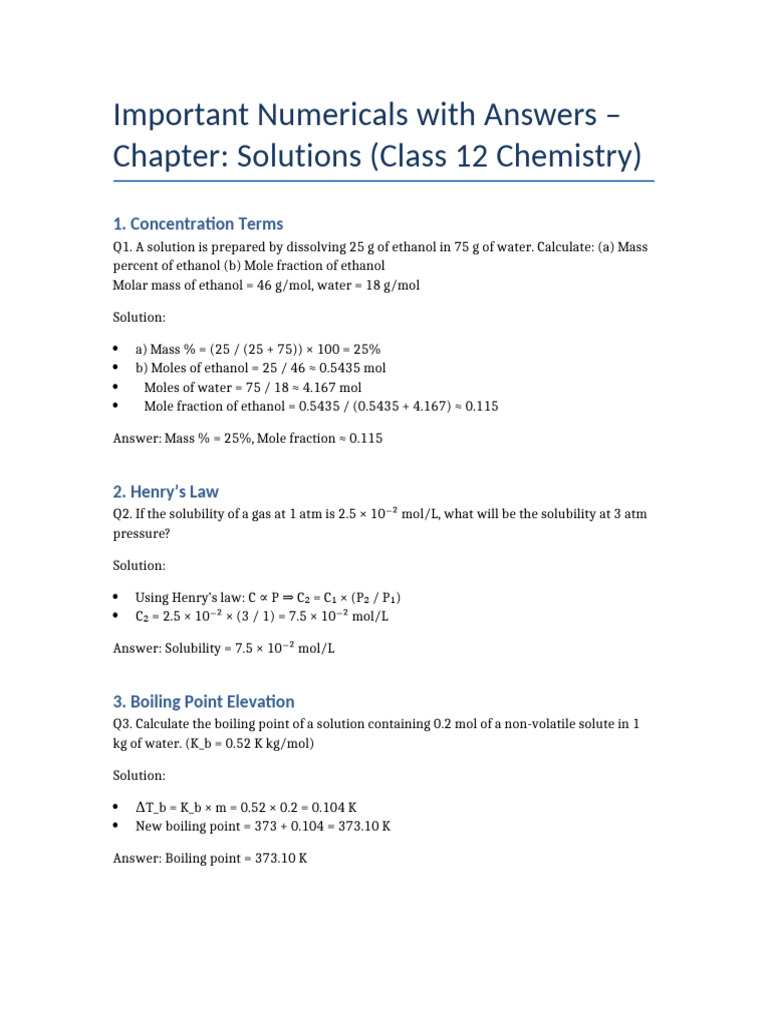 Class 12 Chemistry Numerical Solutions | PDF