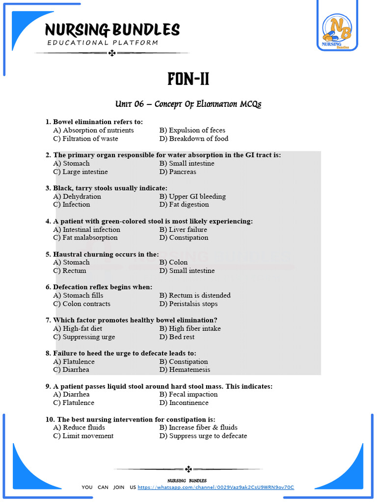 Fon-II Unit 06 - Concept of Elimination Mcqs by Nursing Bundles | PDF | Urinary Incontinence ...