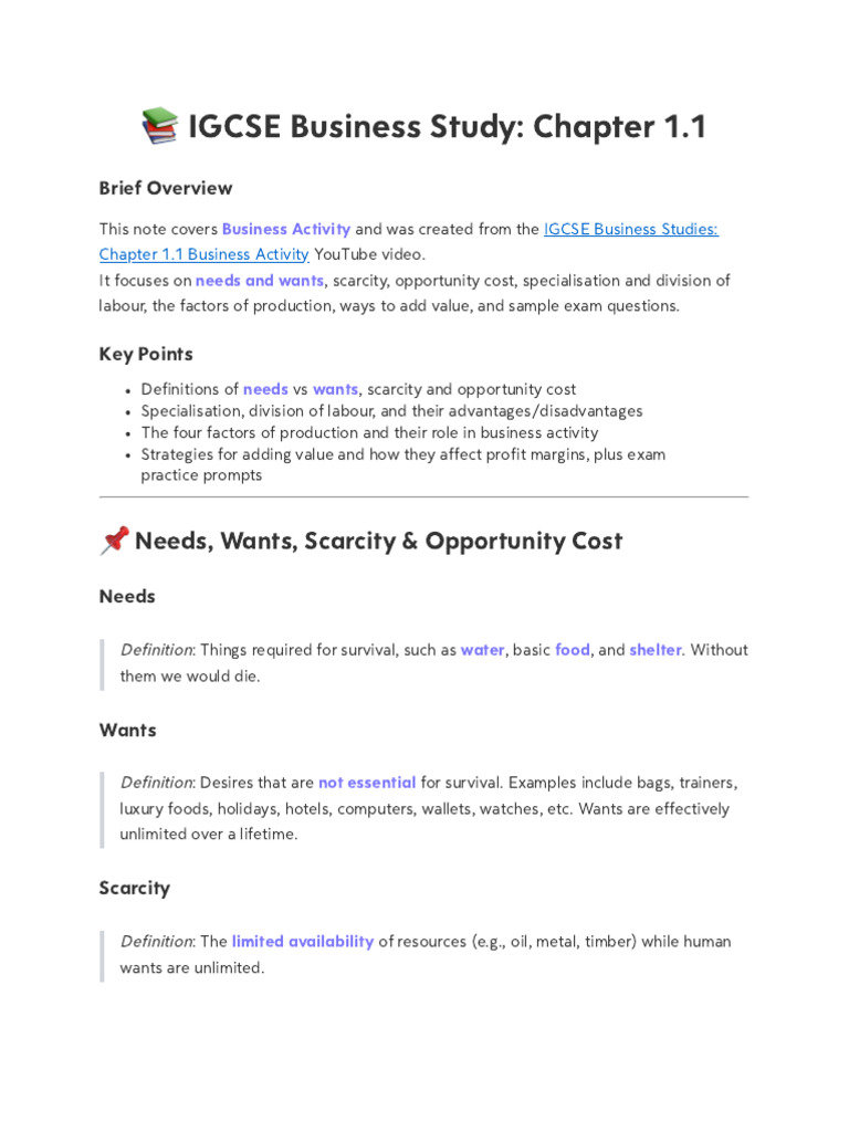 IGCSE Business Studies - Chapter 1.1 Business Activity | PDF ...
