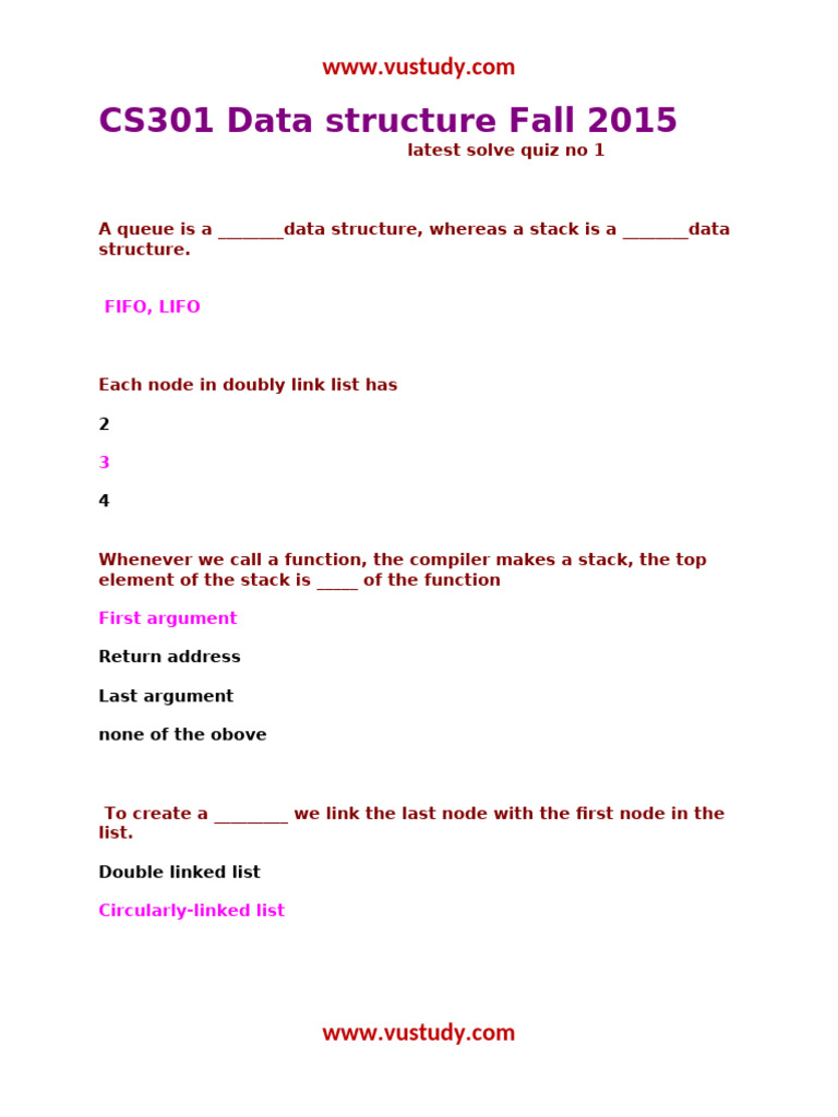 CS301 Data Structures Quiz Solutions | PDF | Queue (Abstract Data Type ...