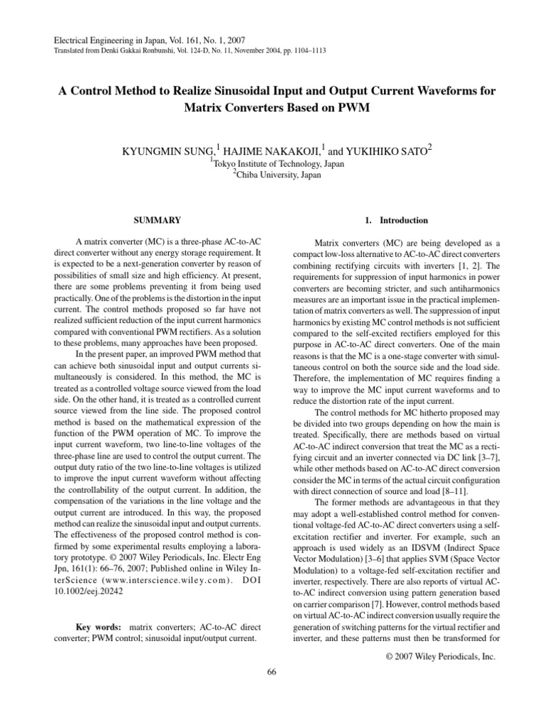 A Control Method to Realize Sinusoidal Input and Output Current Waveforms for Matrix Converter ...