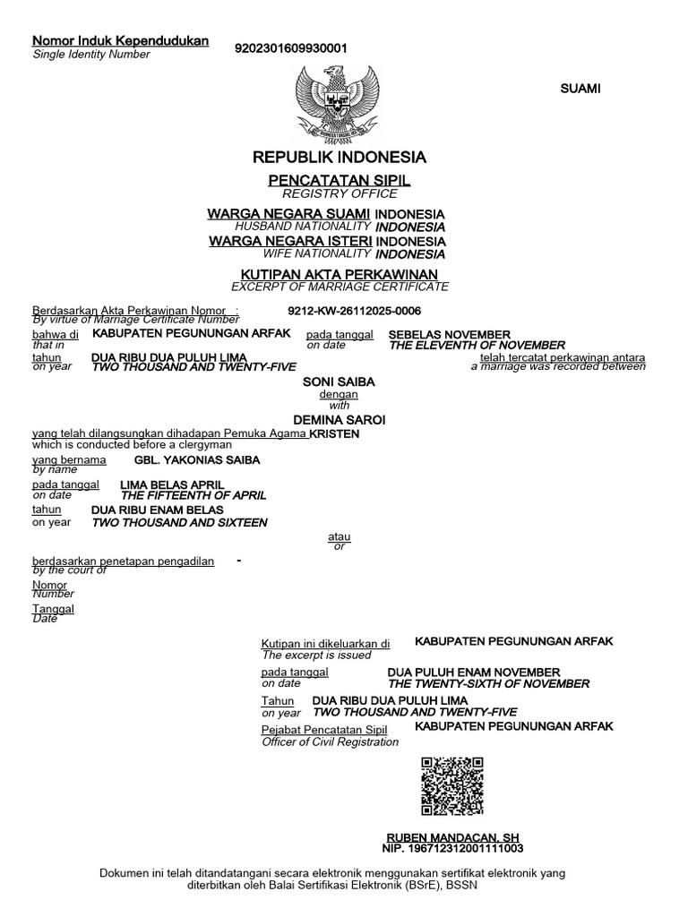Kutipan Akta Perkawinan 2025 Arfak | PDF